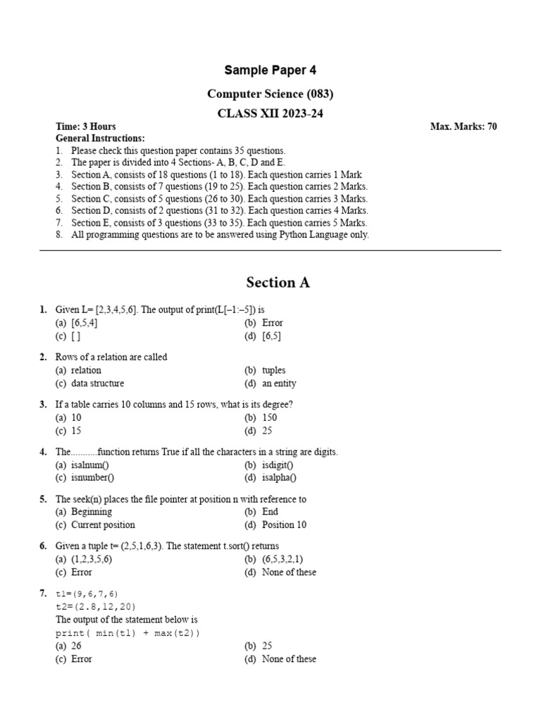 12 - CS - SET 04 - QP | PDF | Parameter (Computer Programming) | Computer Programming