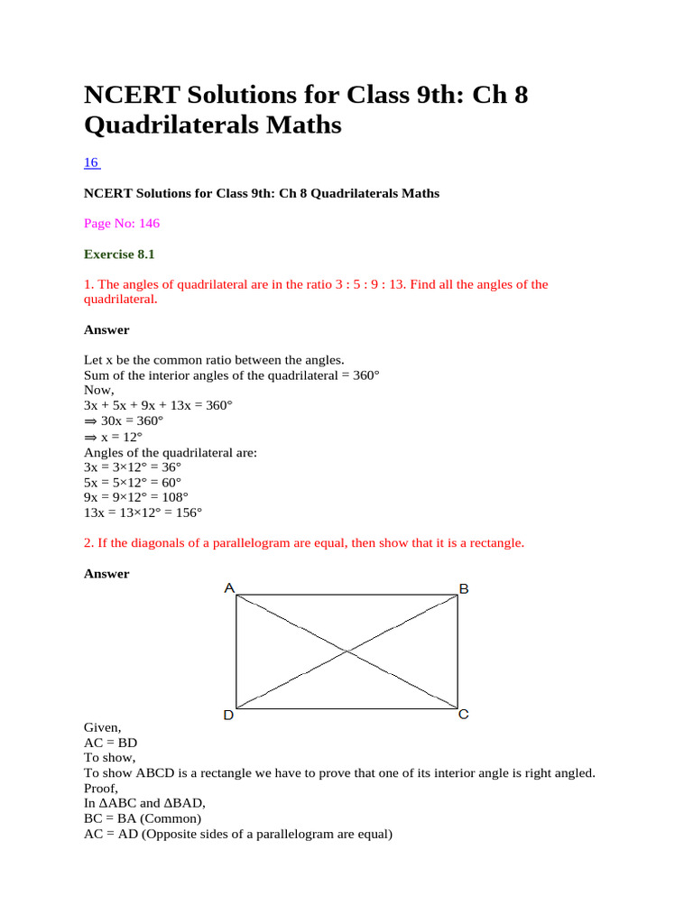 NCERT Solutions For Class 9th Quadrilaterals | PDF | Rectangle ...