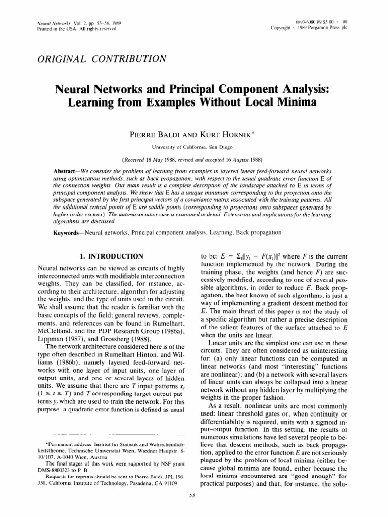 Neural Networks and Principal Component Analysis: Learning From Examples Without Local Minima ...