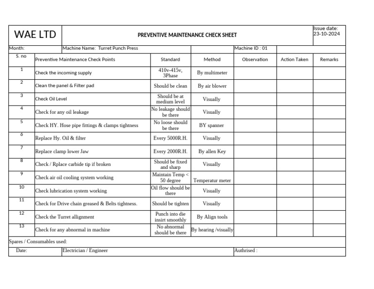 P M Check Sheet For Turret | PDF | Tools | Equipment