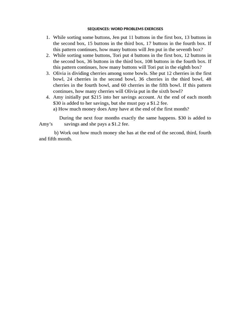 Sequences - Word Problems | PDF | Wellness
