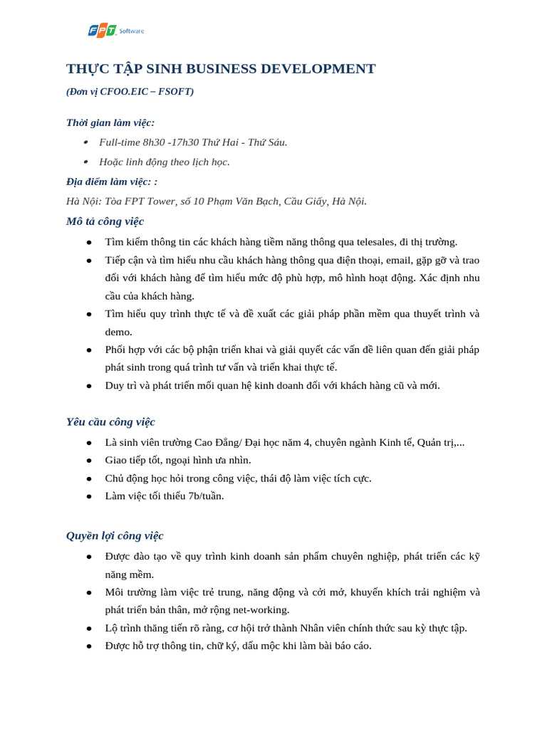 HN JD Tts Business Development Fsoft | PDF