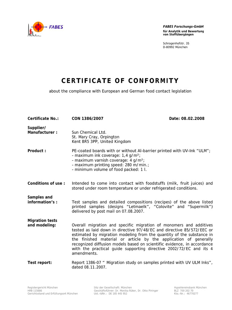 Certificate of Conformity for Food Contact | PDF