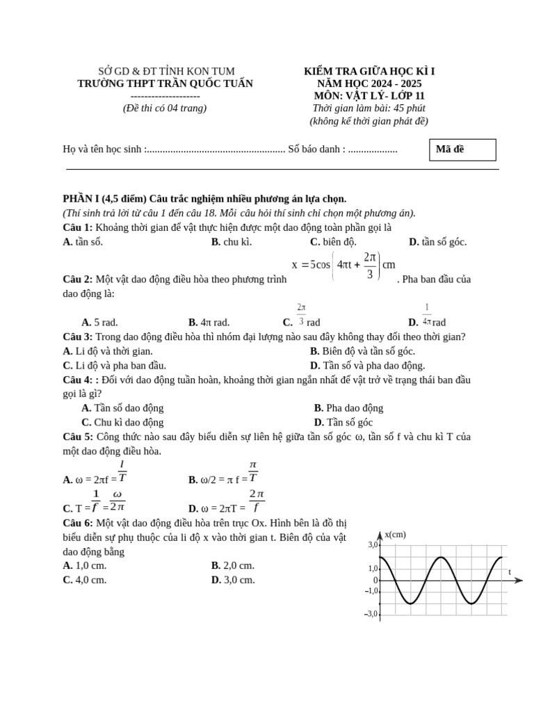 De Giua Ki 1 Lop 11a2 | PDF
