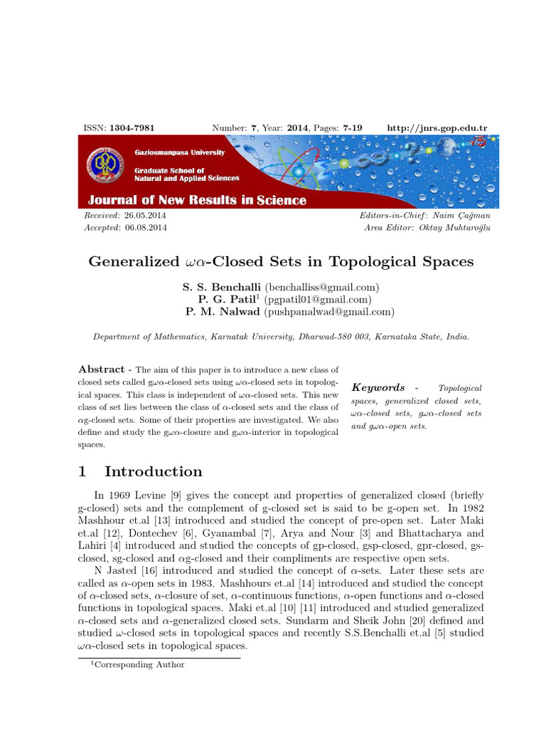 Generalized Wa-Closed Sets in Topological Spaces (#123331) - 105172 | PDF | General Topology ...