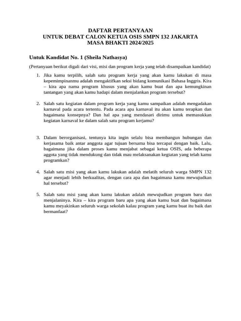 Pertanyaan Debat Calon Ketua OSIS 2024/2025 | PDF