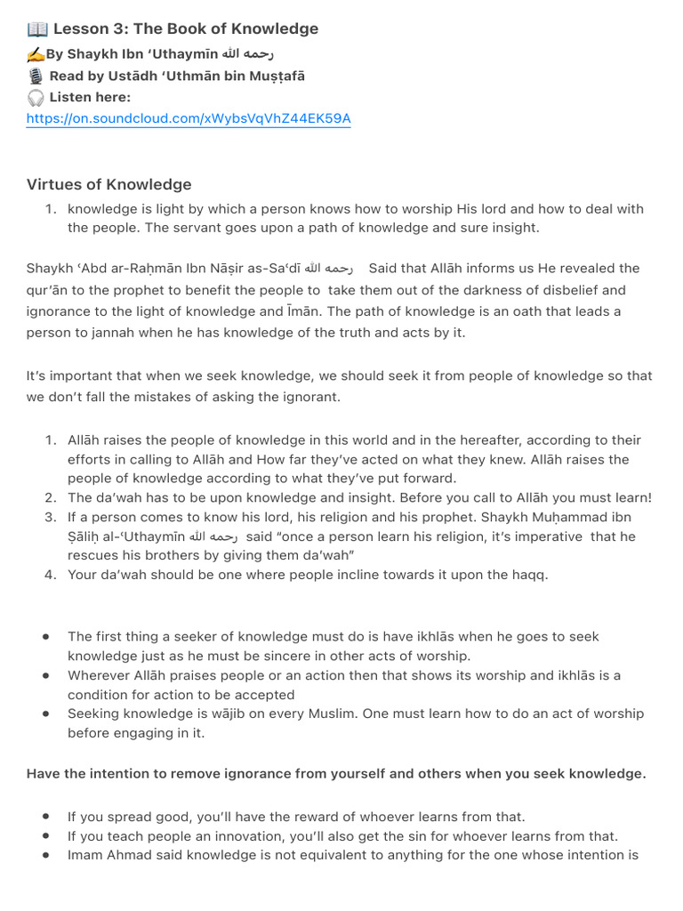 ? Lesson 3 The Book of Knowledge | PDF | Knowledge | Abrahamic Religions