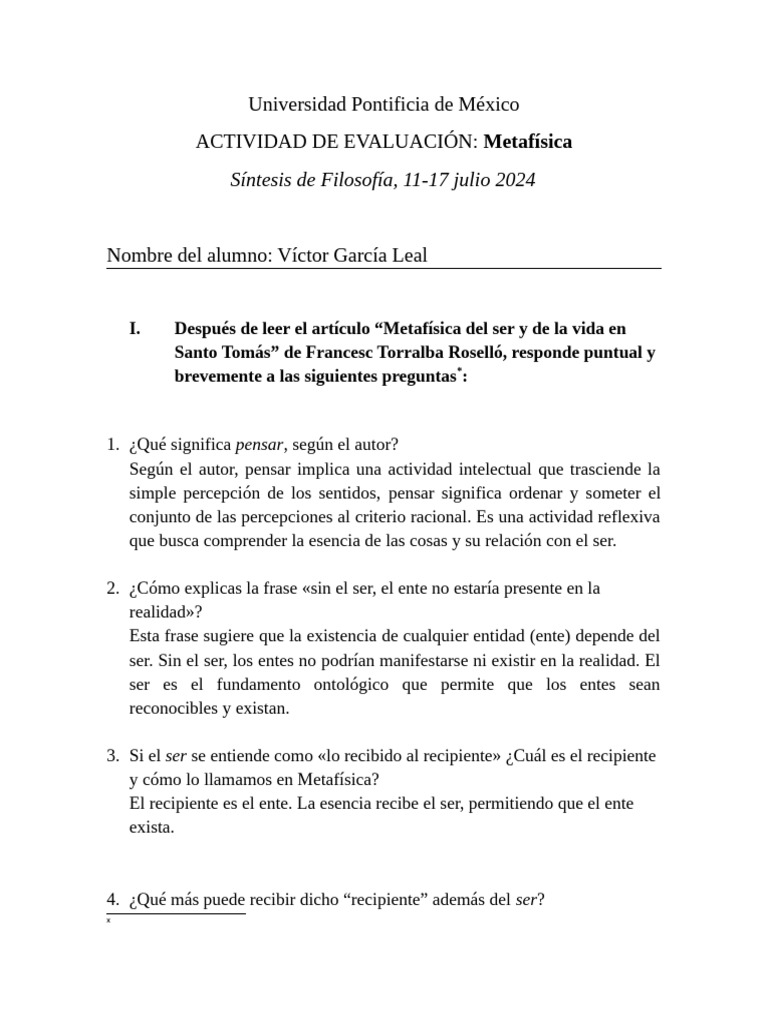 Evaluación Metafísica, Reporte de Lectura Torralba y Relacionar Columnas | PDF | Existencia ...