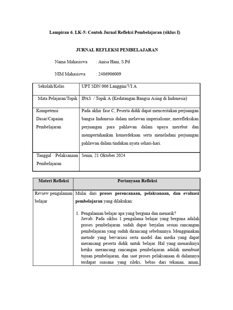 Siklus 1 LK-5 Jurnal Refleksi Pembelajaran - Anisa Hani | PDF | Pengembangan Diri