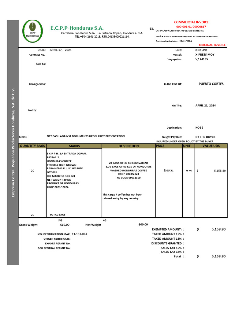 Factura # 817 Ecpp-Honduras Panamerican - 061-Cafico Crop 2023-2024 | PDF | Economies