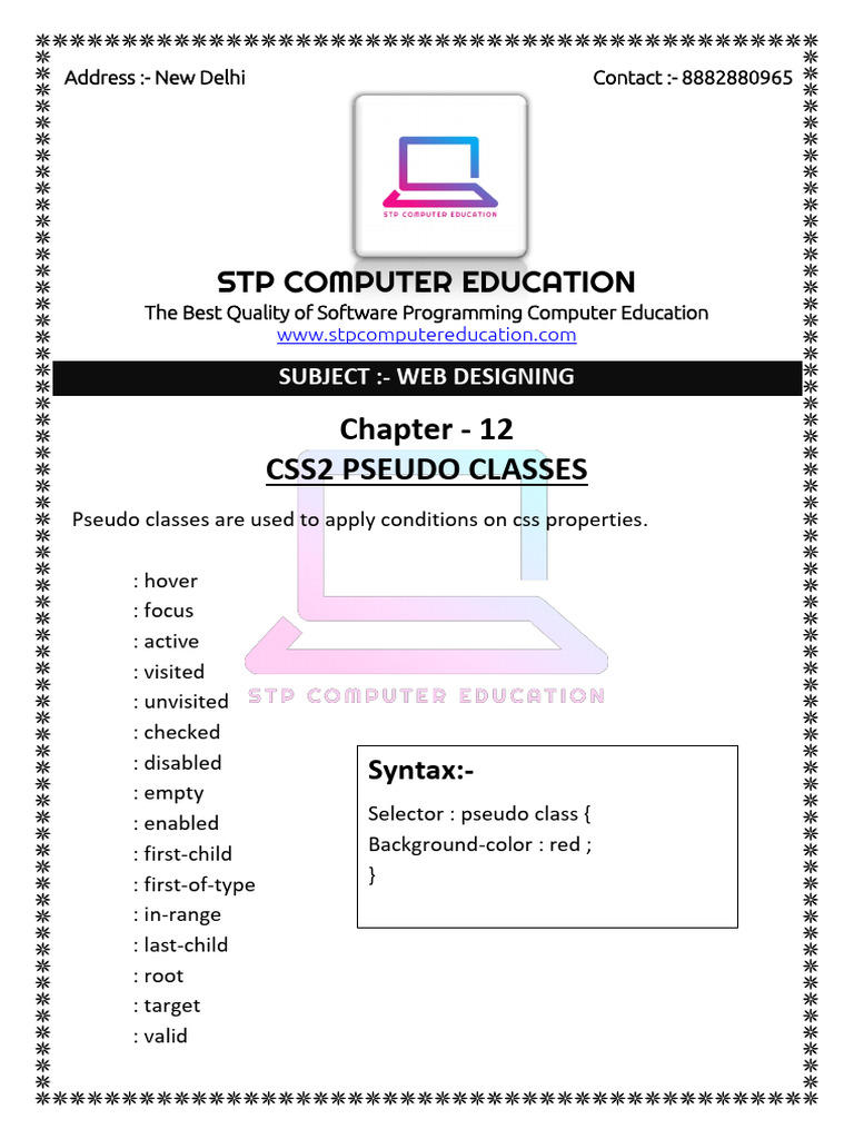 Chapter - 12 CSS2 Pseudo Classes | PDF | Computers