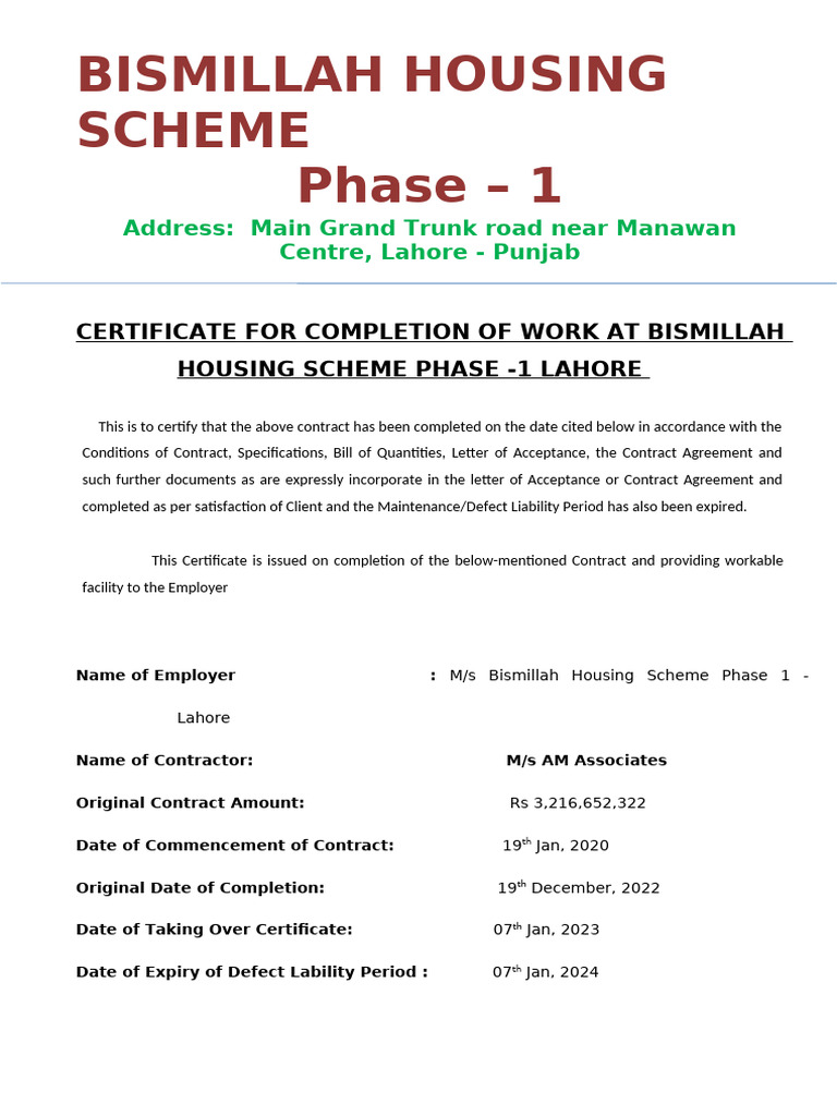 Bismillah Housing Scheme Completion Certificate | PDF