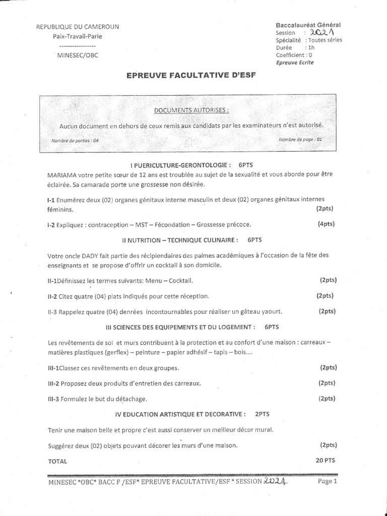 Epreuve Bac 2021 Facultative D'esf Série Toute Cameroun | PDF