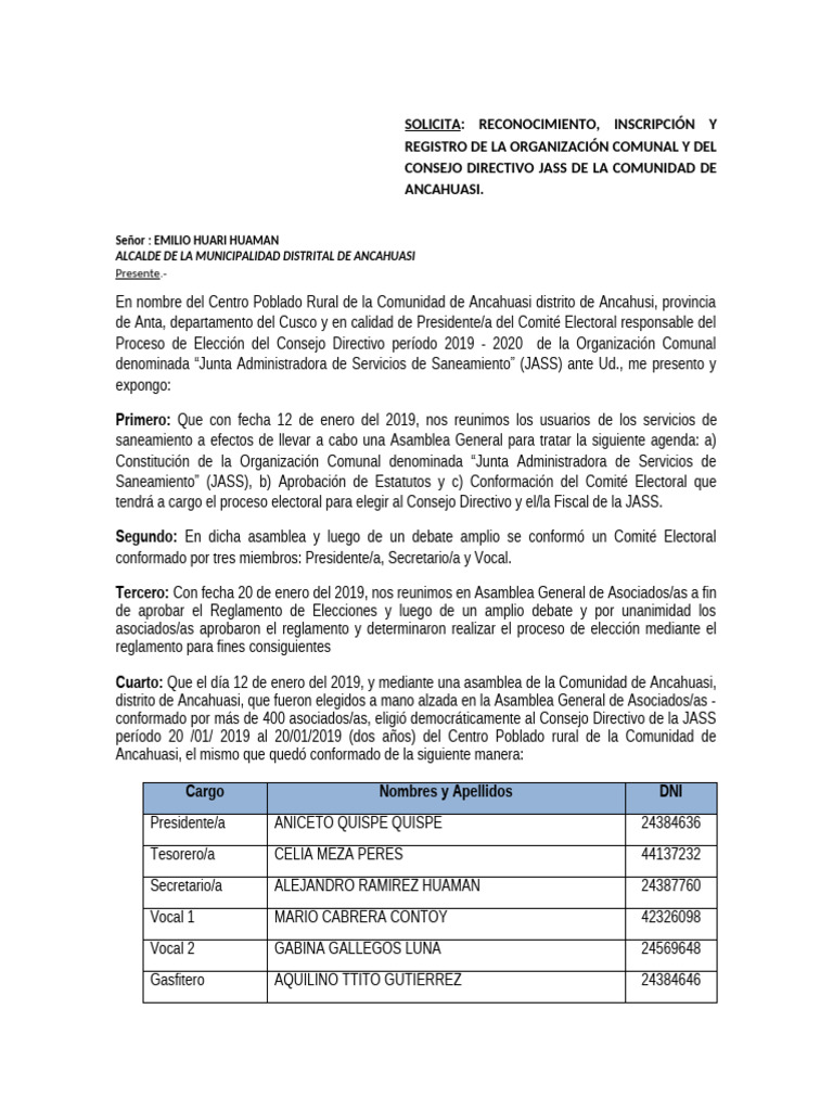 Solicitud Reconocimiento de Jass | PDF | Alcalde | Gobierno