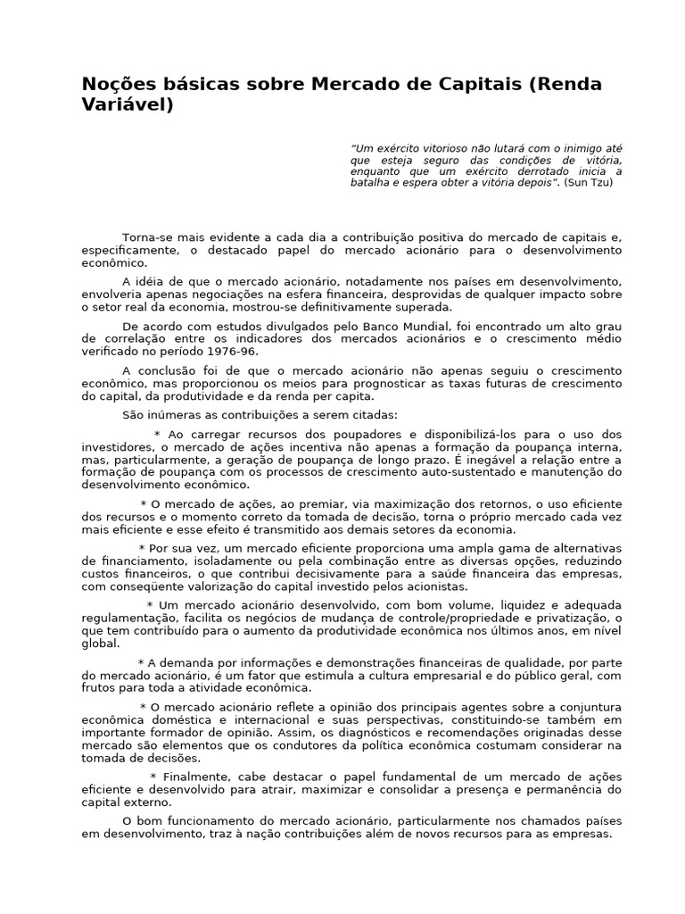 Noções Básicas Sobre Mercado de Capitais | PDF | Avaliação de risco ... Noções Básicas Sobre Mercado de Capitais | PDF | Avaliação de risco ...