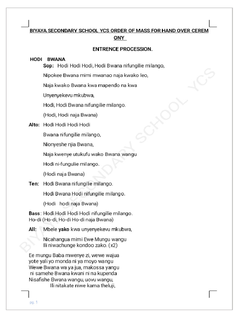 BIYAYA SECONDARY SCHOOL YCS ORDER OF MASS FOR HAND OVER CEREMONY 2024 ...