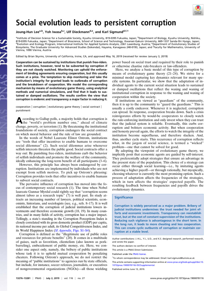 Lee Et Al 2019 Social Evolution Leads To Persistent Corruption | PDF ...