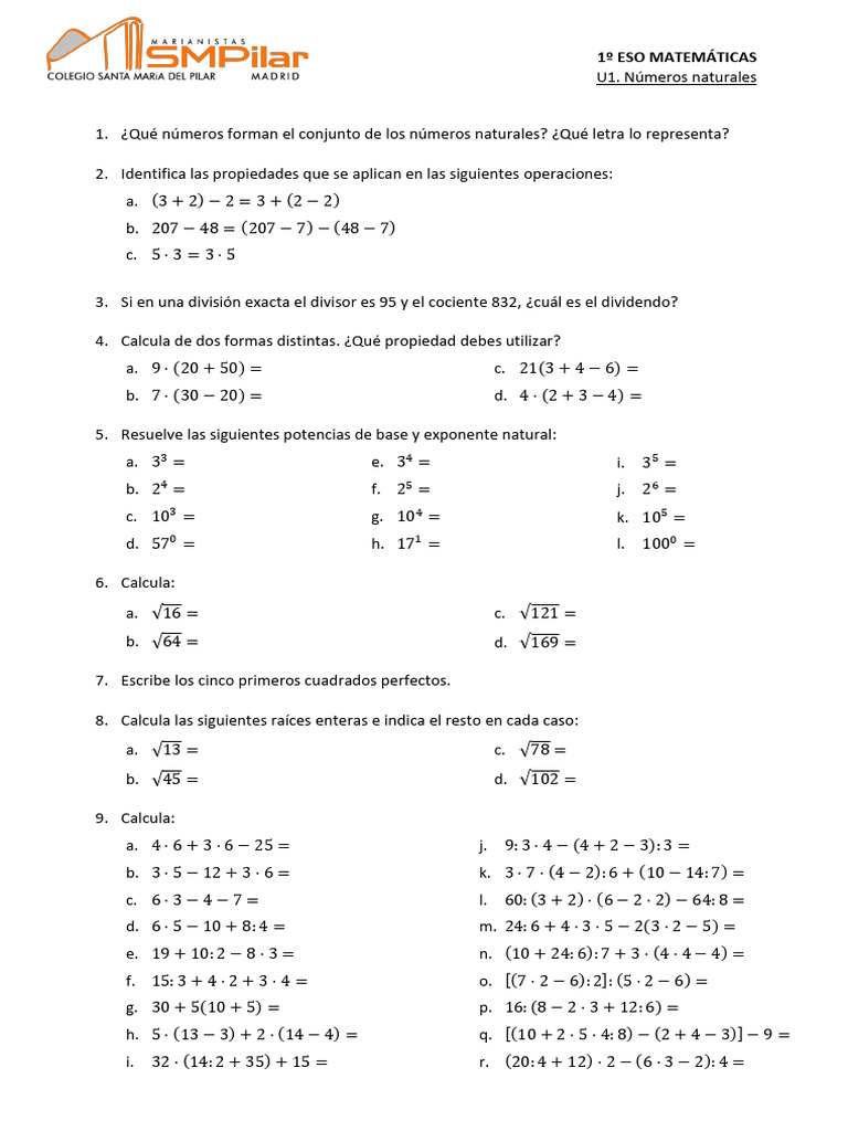 1ºESO Hoja U1. Números Naturales 2425 | PDF | División (Matemáticas) | Matemáticas
