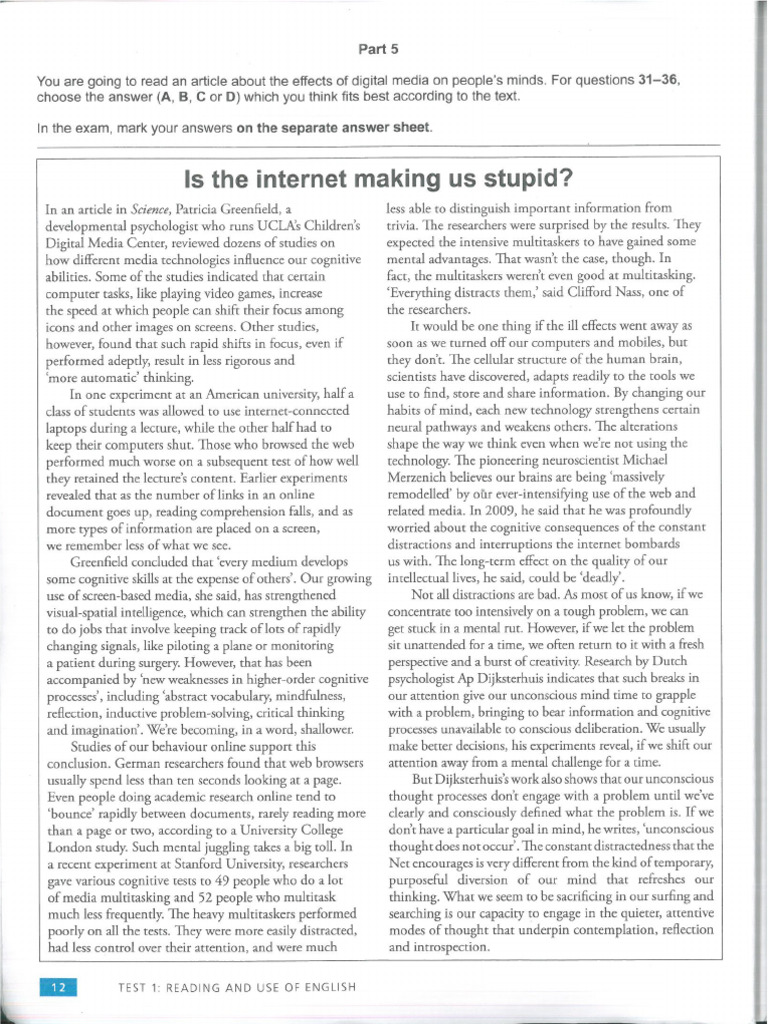 Pearson Cae Test 1 Parts 5-8 Reading | PDF