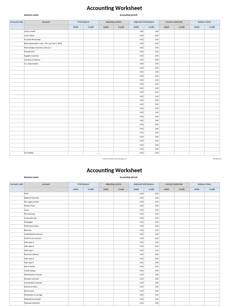 Accounting Worksheet V 1.0 | PDF | Debits And Credits | Business
