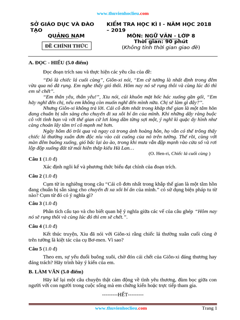 De Thi HK1 Ngu Van 8 Quang Nam 2018 2019 | PDF