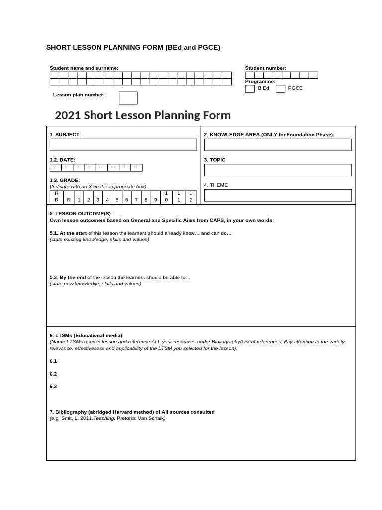 2021 TUKS Short Lesson Planning Form BEd and PGCE | PDF | Learning ...