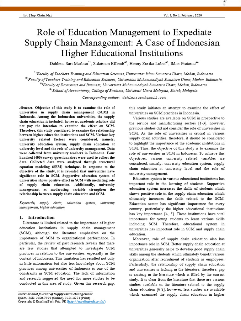 2020 - Role of Education Management To Expediate Supply Chain Management A Case of Indonesian ...