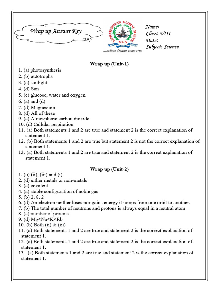 Science Class 8 Wrap Up Answer Key | PDF | Atoms | Electron Configuration