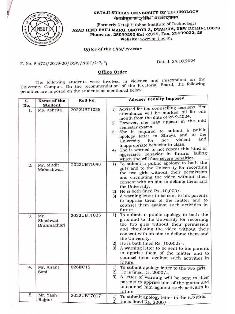 Office Order Regarding Students Involved in Violence and Misconduct On ...