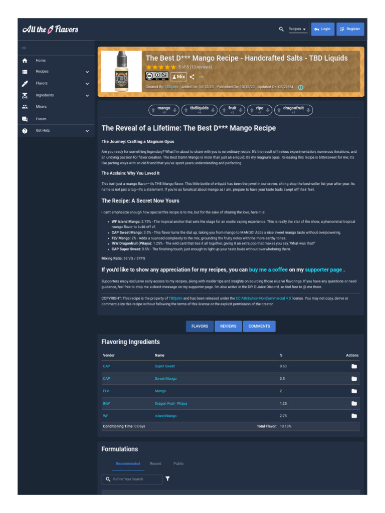 Alltheflavors-Com-Recipe-The Best D Mango Recipe Handcrafted Salts TBD Liquids | PDF | Mango