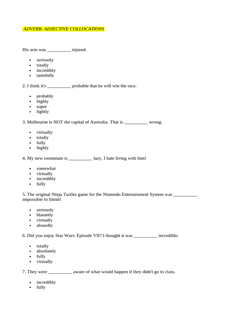 Adverb - Adjective Collocations Exercise | PDF