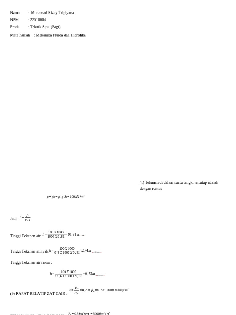Muhamad Rizky Tripiyana Sipil Pagi Sem3 Tugas Mekanika Fluida & Hidraulika - 22510004 | PDF