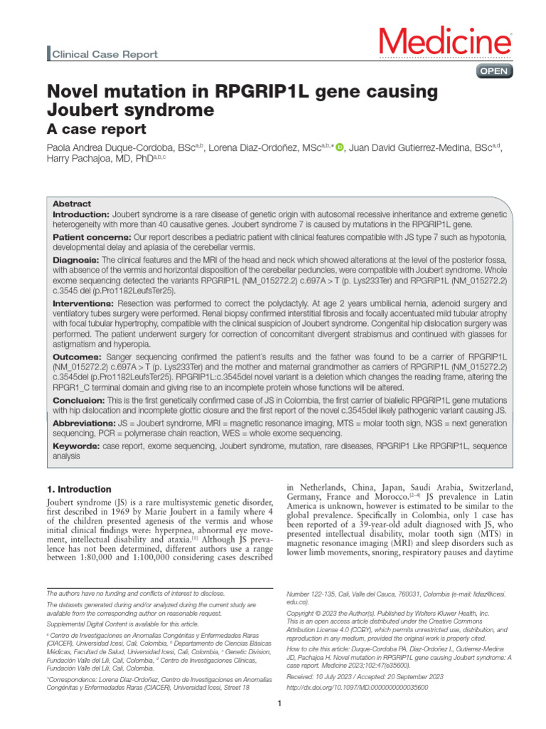 Novel Mutation in RPGRIP1L Gene Causing Joubert Syndrome | PDF ...