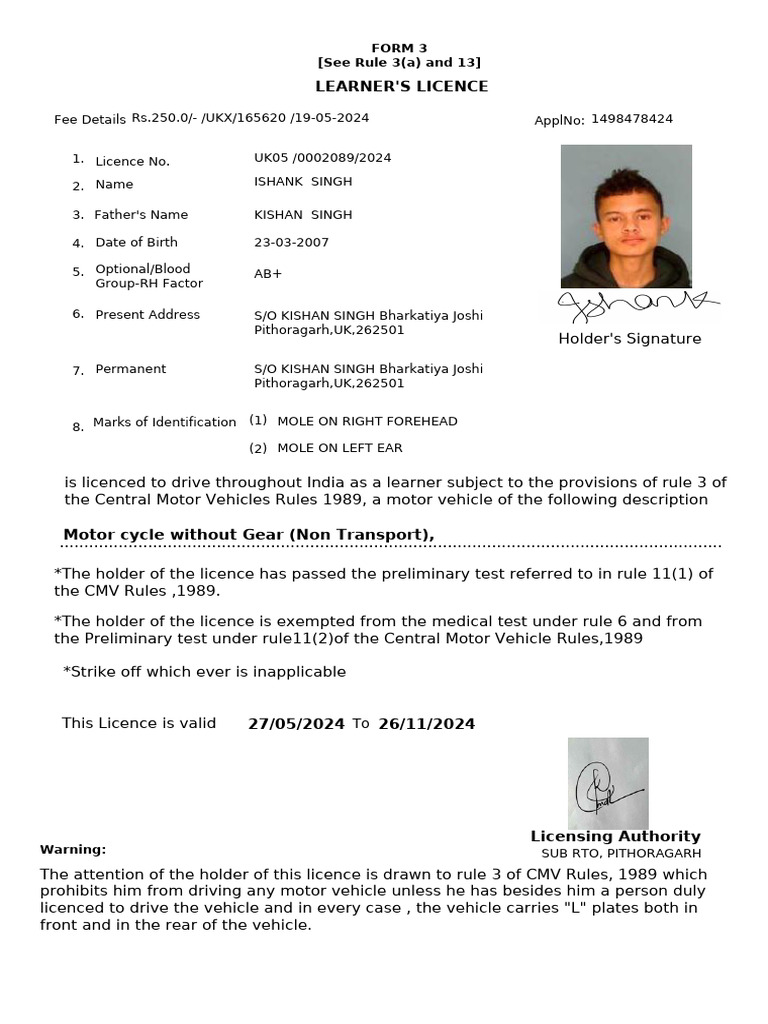 Learner'S Licence: Form 3 (See Rule 3 (A) and 13) | PDF