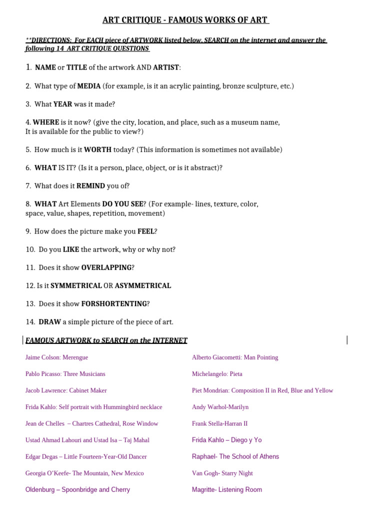Art Critique - Famous Works of Art: Name Title Artist Media Year Where ...