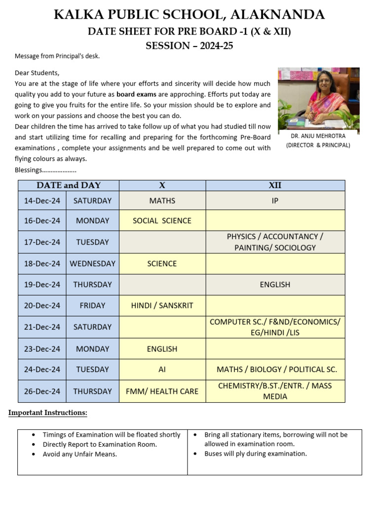 Date Sheet - 2024-25 Pre Board-1 10 & 12 | PDF