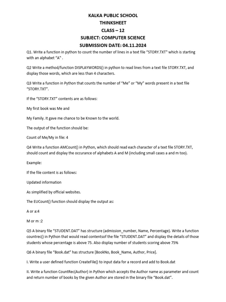 Thinksheet Class 12 Diwali Break | PDF | Computers | Technology & Engineering