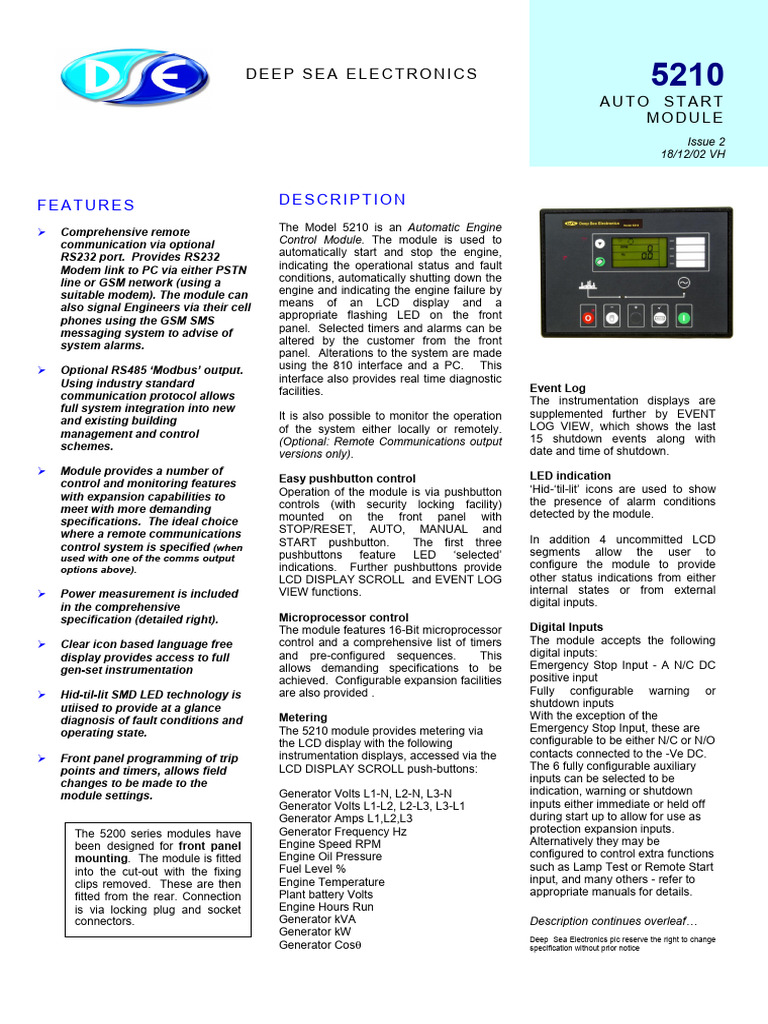 5210 Auto Start Module | PDF | Relay | Electric Generator