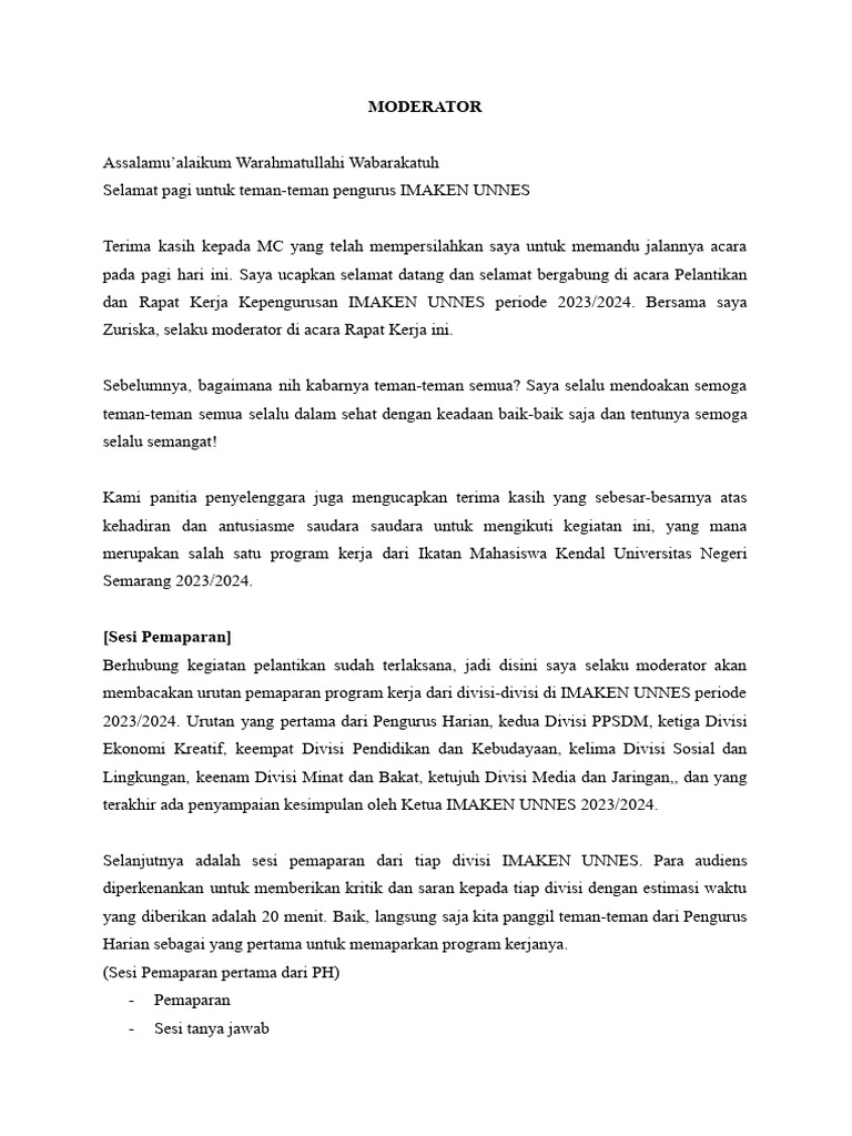 Contoh Teks Moderator Rapat Kerja | PDF