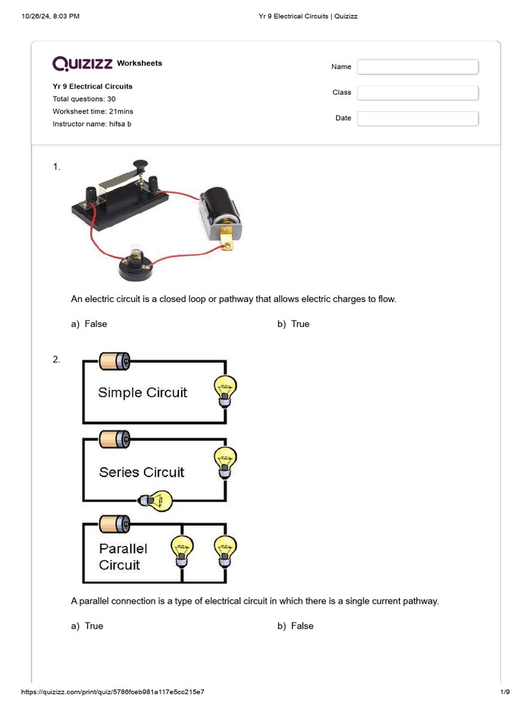 Yr 9 Electrical Circuits - Quizizz | PDF | Series And Parallel Circuits ...
