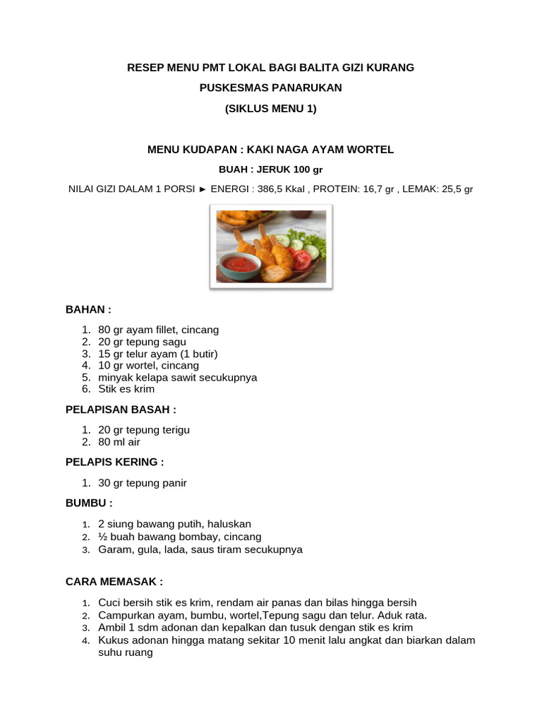 Resep Menu PMT Lokal Bagi Balita Gizi Kurang Widpay Siklus 1 | PDF