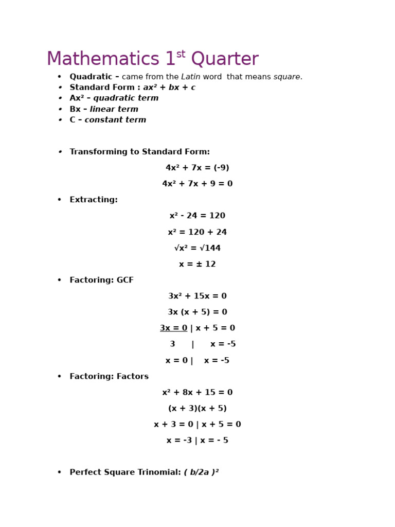 Mathematics 1st Quarter | PDF | Quadratic Equation | Elementary Mathematics