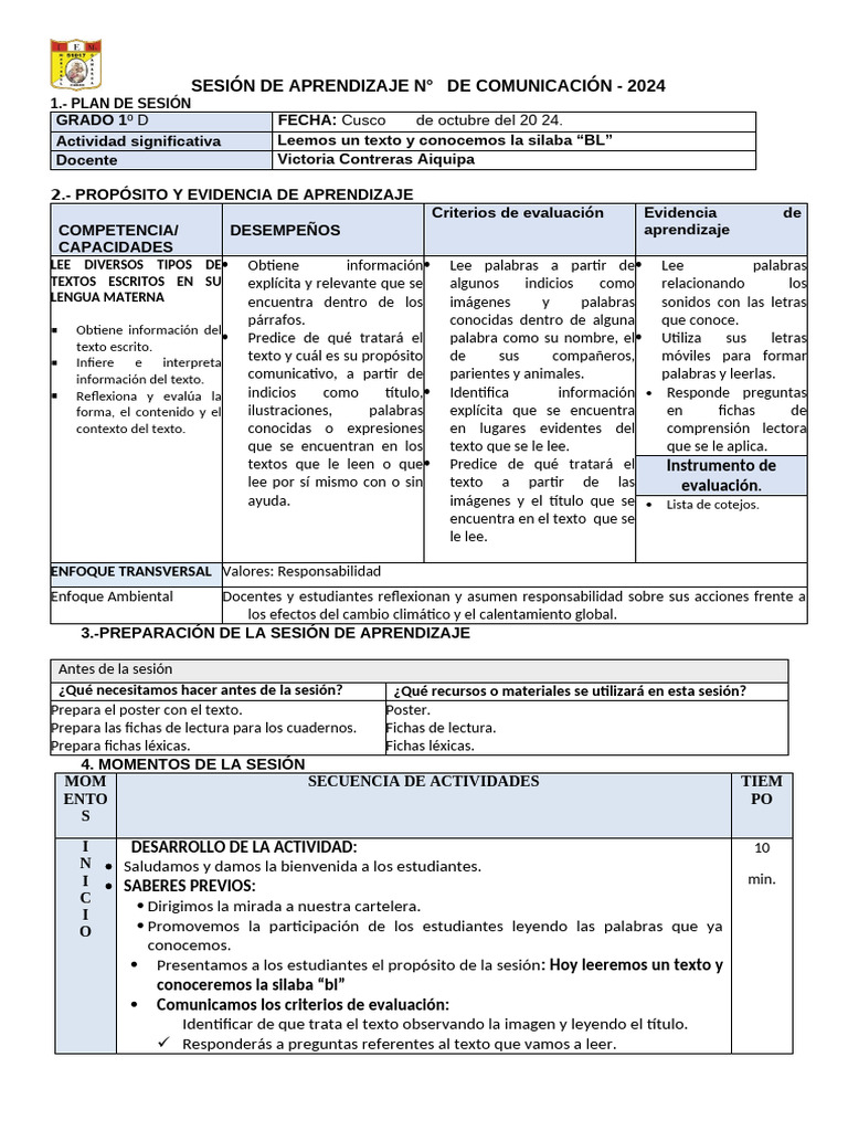 Aprendiendo la sílaba "BL" en 1º D | PDF | Comprensión lectora | Evaluación