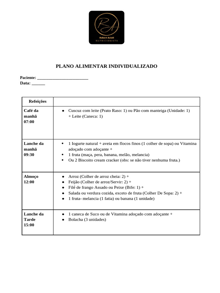 Plano Alimentar Personalizado Diário | PDF