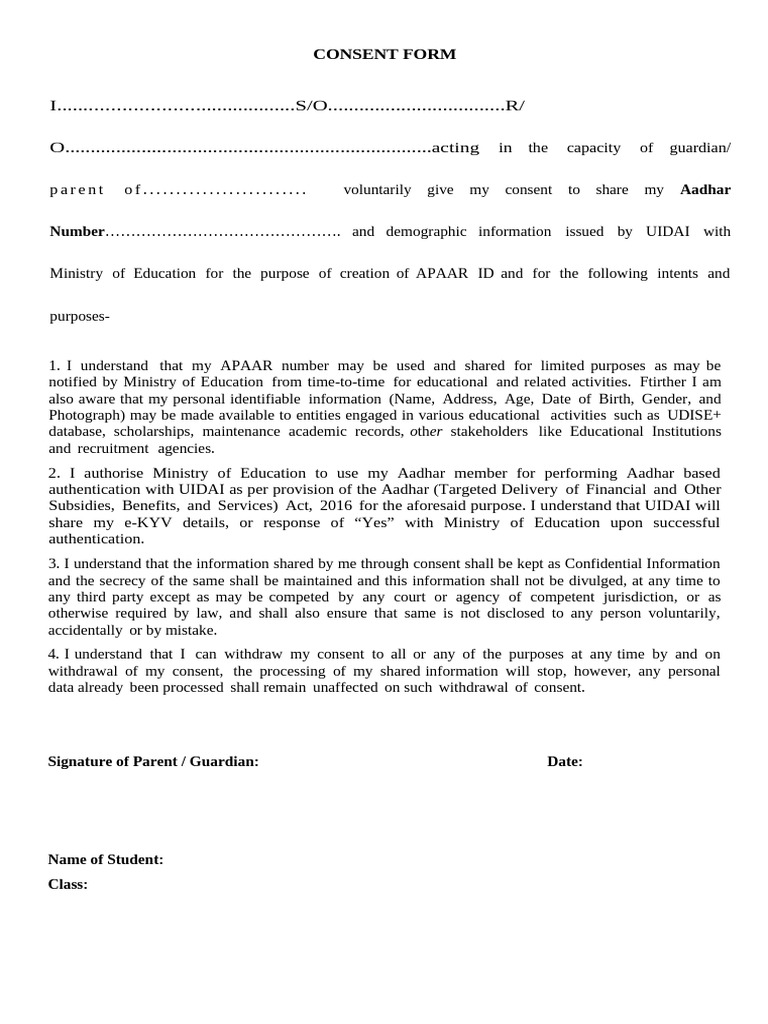 Consent Form 2024-25 Udise | PDF