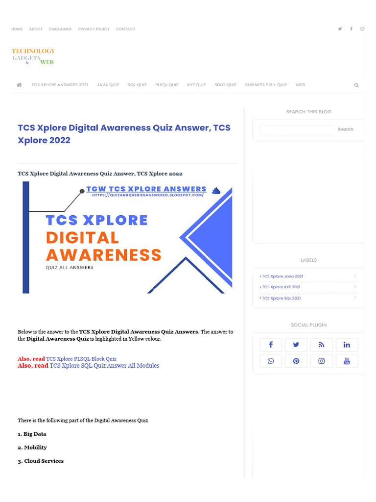 TCS Xplore Digital Awareness Quiz Answer, TCS Xplore 2022 | PDF | Cloud Computing | Application ...