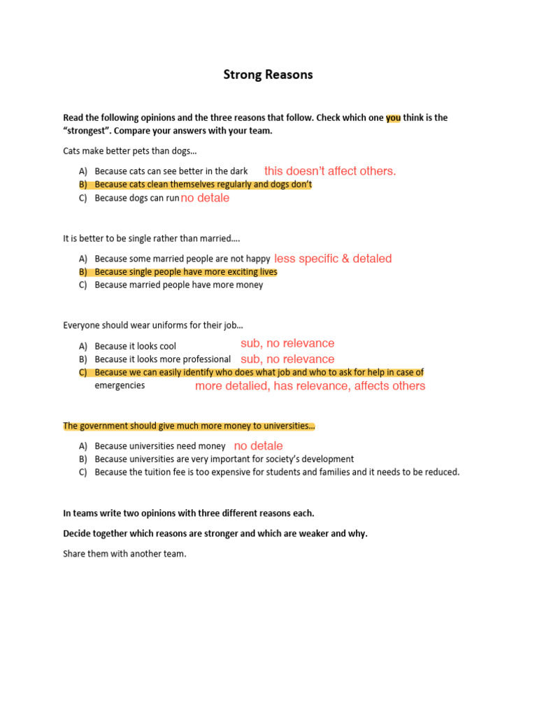 Strong Reasons Task | PDF