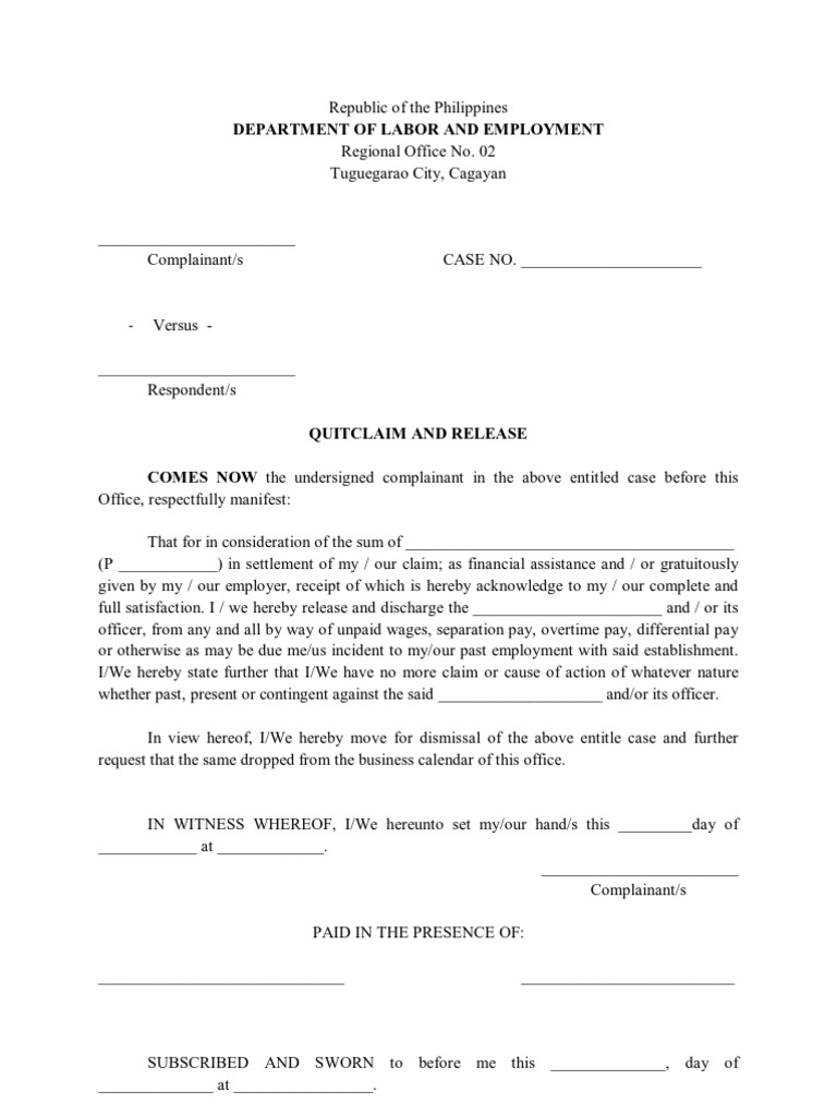 Employee Quit Claim Letter Template | PDF | Labor | Working Conditions