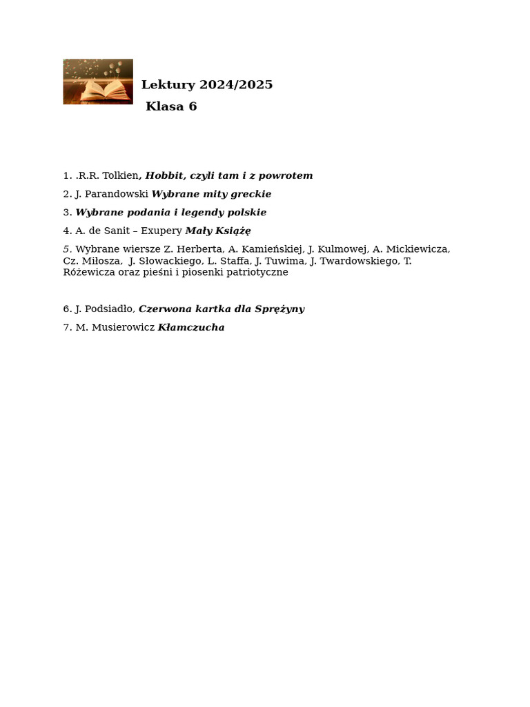 Wykaz Lektur Klasa 6. | PDF