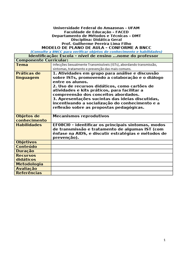 Modelo de Plano de Aula - BNCC | PDF